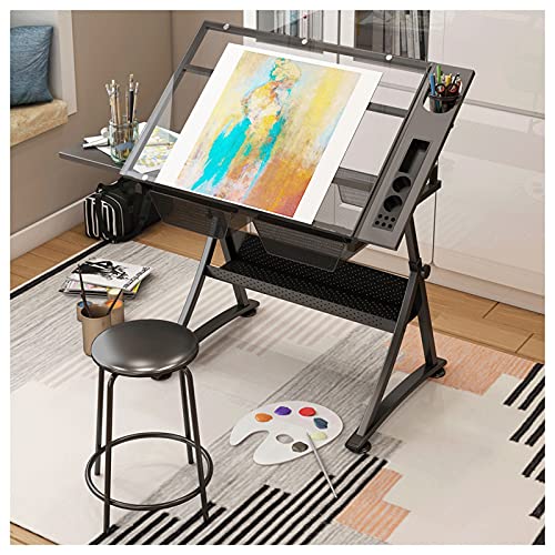 ROLTIN Drafting Tables Height Adjustable Drawing Art Table,Artists Desk Tilting Glass Tabletop Paintings Work Station with Storage Drawer,Writing Art Craft Work Station (