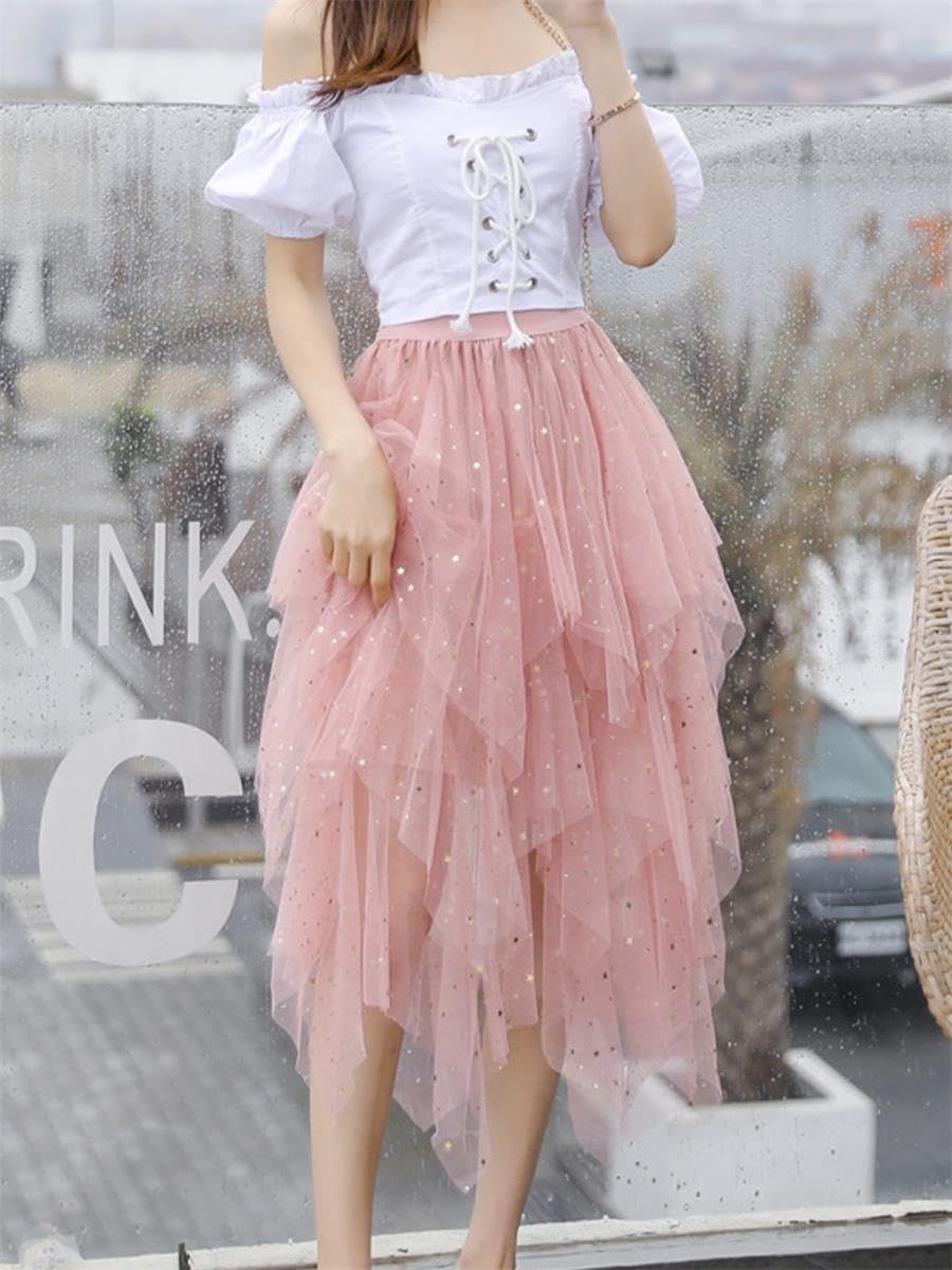 Reaowazo Tulle Skirts for Women Midi Long Fairy Skirt Tutu A-Line Mesh Layered High Elastic Waist Halloween Skirts Pink Sequin One Size
