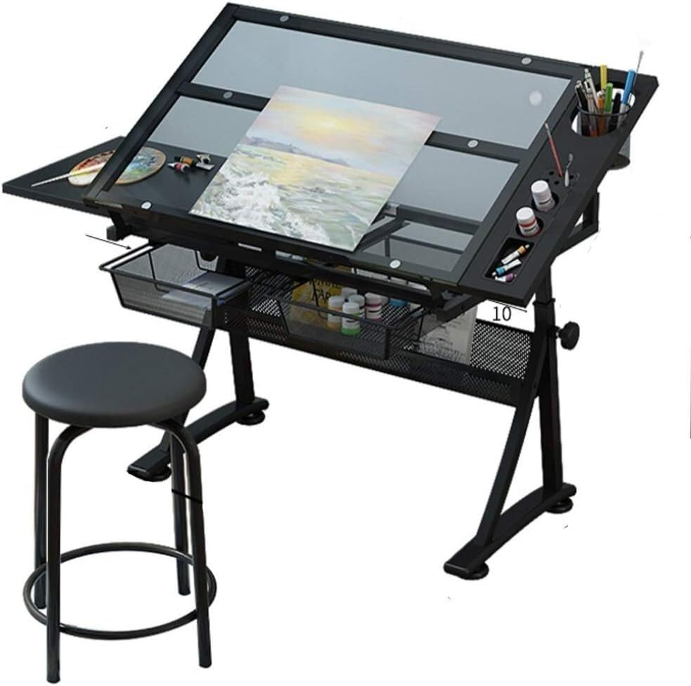 XiVue Drafting Table with Storage, Height Adjustable Tiltable Art Desk, Glass Panel Drawing Desk, for Work Study Painting Craft Table
