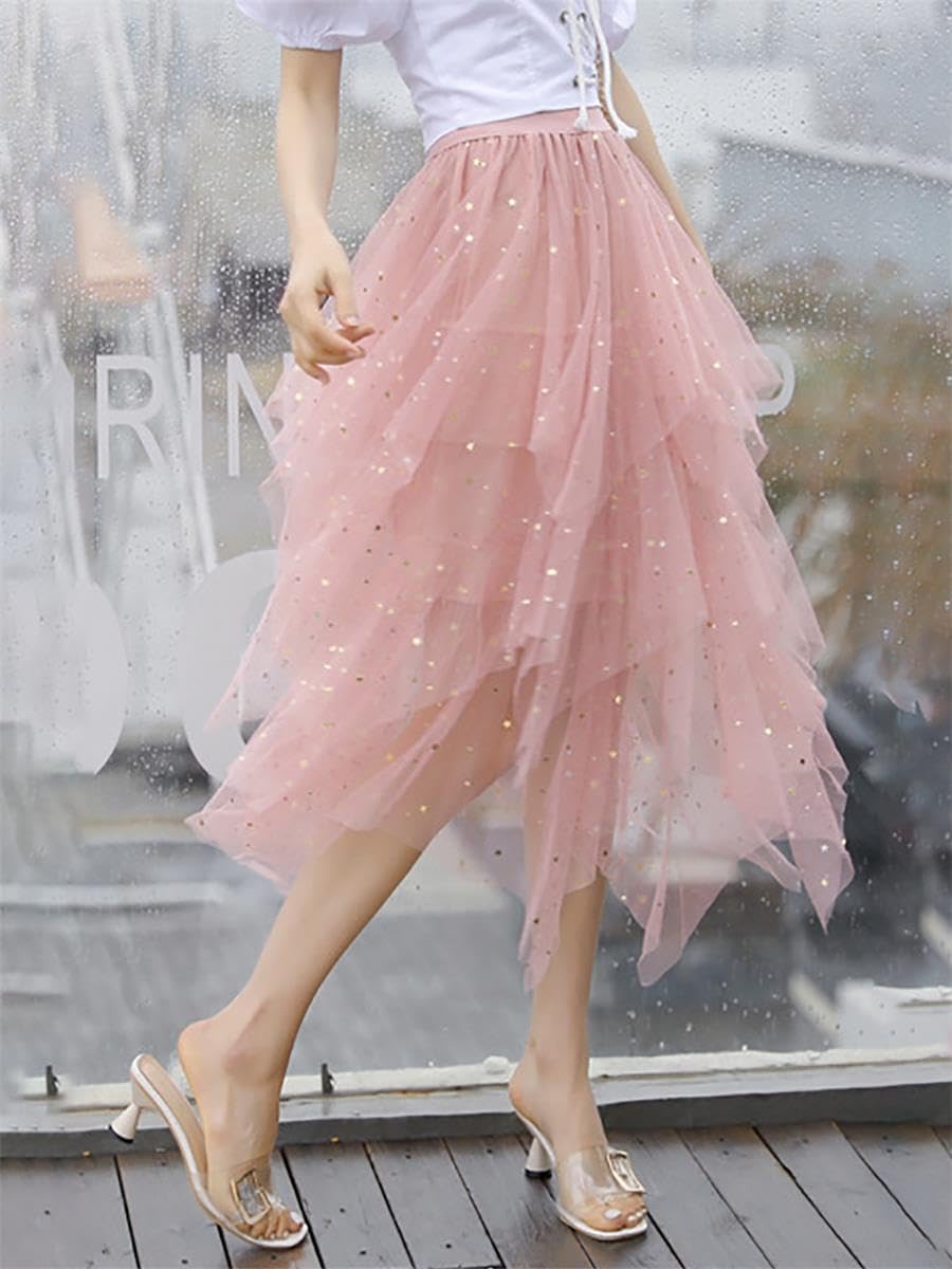 Reaowazo Tulle Skirts for Women Midi Long Fairy Skirt Tutu A-Line Mesh Layered High Elastic Waist Halloween Skirts Pink Sequin One Size