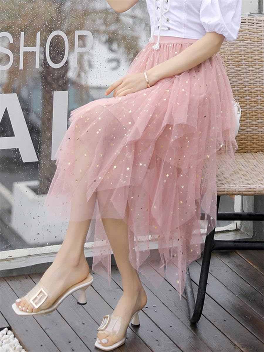 Reaowazo Tulle Skirts for Women Midi Long Fairy Skirt Tutu A-Line Mesh Layered High Elastic Waist Halloween Skirts Pink Sequin One Size