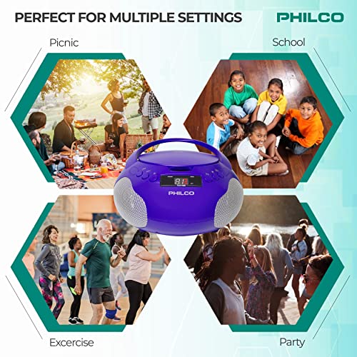 Philco Portable CD Player Boombox with Speakers and AM FM Radio | Purple Boom Box CD Player Compatible with CD-R/CD-RW and Audio CD | 3.5mm Aux Input | Stereo Sound | LED Display | AC/Battery Powered