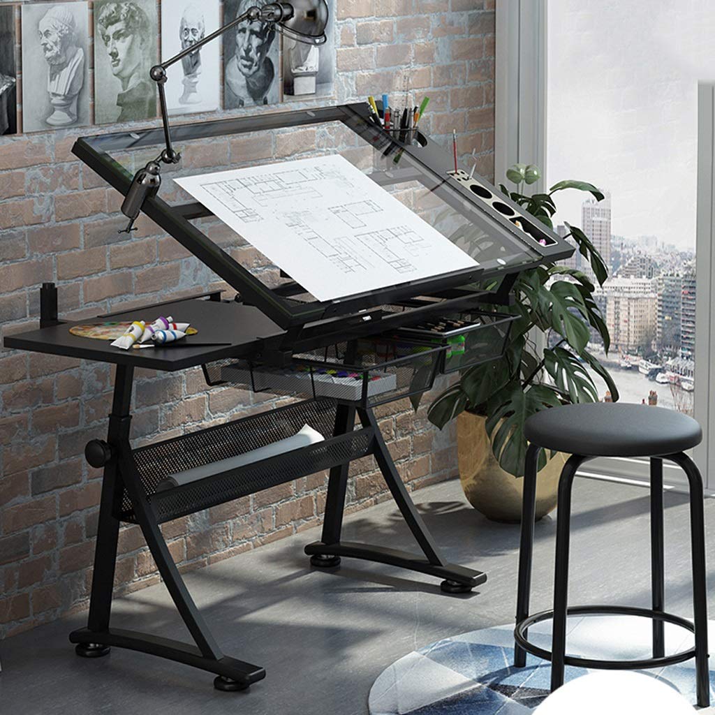VejiA Drafting Table with Storage, Height Adjustable Tiltable Art Desk, Glass Panel Drawing Desk, for Work Study Painting Craft Table