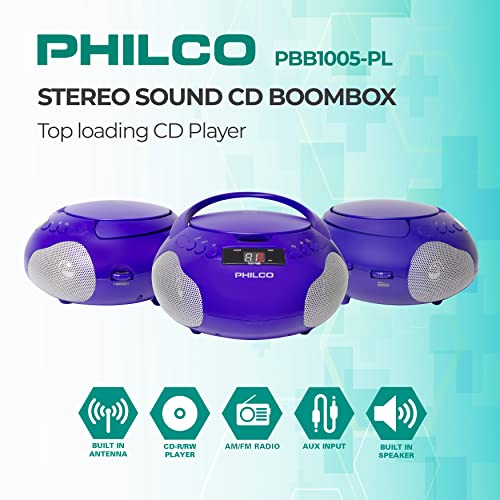 Philco Portable CD Player Boombox with Speakers and AM FM Radio | Purple Boom Box CD Player Compatible with CD-R/CD-RW and Audio CD | 3.5mm Aux Input | Stereo Sound | LED Display | AC/Battery Powered