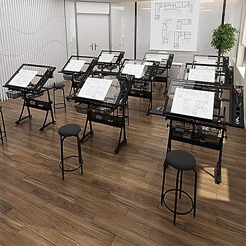 XiVue Drafting Table with Storage, Height Adjustable Tiltable Art Desk, Glass Panel Drawing Desk, for Work Study Painting Craft Table