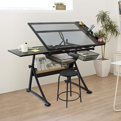XiVue Drafting Table with Storage, Height Adjustable Tiltable Art Desk, Glass Panel Drawing Desk, for Work Study Painting Craft Table
