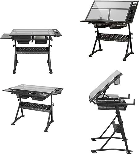 XiVue Drafting Table with Storage, Height Adjustable Tiltable Art Desk, Glass Panel Drawing Desk, for Work Study Painting Craft Table