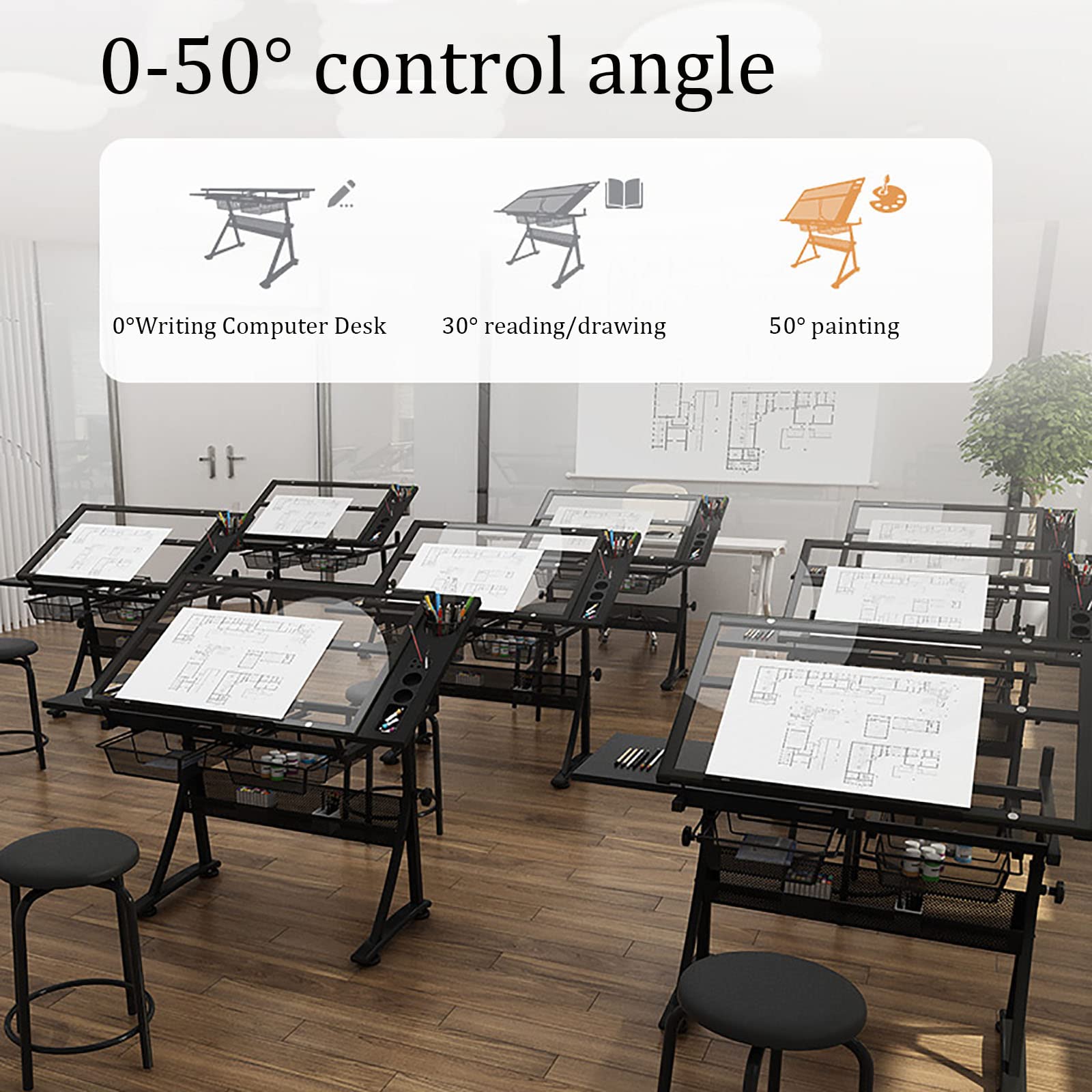 EESHHA Drawing Table Glass Drafting Table Art Desk, Height Adjustable Drawing Desk Art/Craft Desk Paintings Work Station W/ 2 Storage Drawers and Stool for Craft Station Studio Home Office School