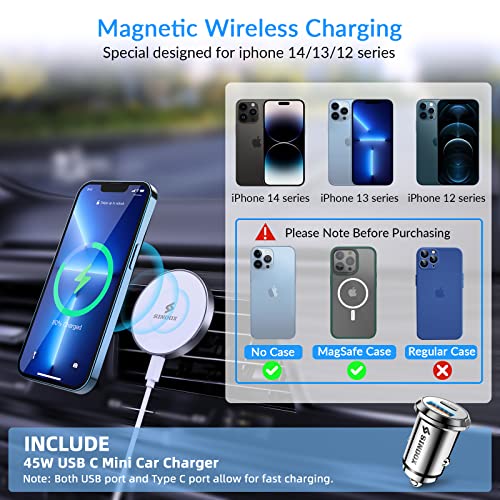 Magnetic Wireless Car Mount Charger for iPhone 14/13/12 Series, SINDOX Alloy Car Vent Mount Charger, with 45W USB C Car Charger, Compatible with MagSafe Charger Holder Fast Charging