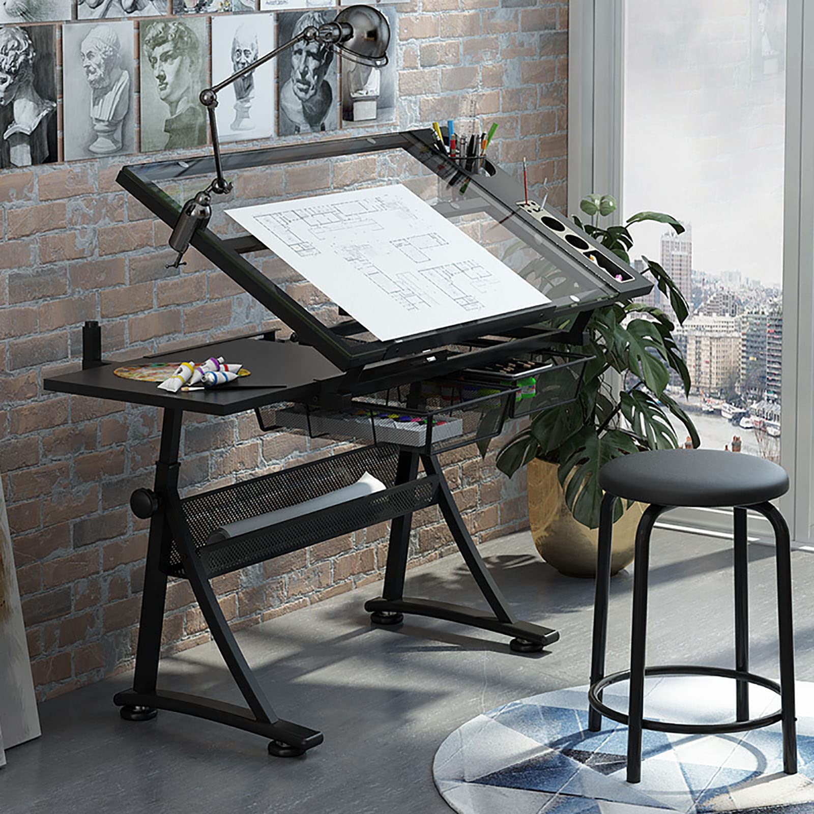 EESHHA Drawing Table Glass Drafting Table Art Desk, Height Adjustable Drawing Desk Art/Craft Desk Paintings Work Station W/ 2 Storage Drawers and Stool for Craft Station Studio Home Office School