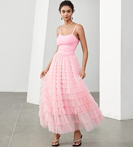 Women's Tulle Maxi Dress Spaghetti Strap Layered Fluffy Ruflfle Prom Birthday Party Long Dress