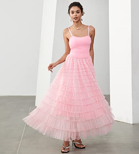 Women's Tulle Maxi Dress Spaghetti Strap Layered Fluffy Ruflfle Prom Birthday Party Long Dress