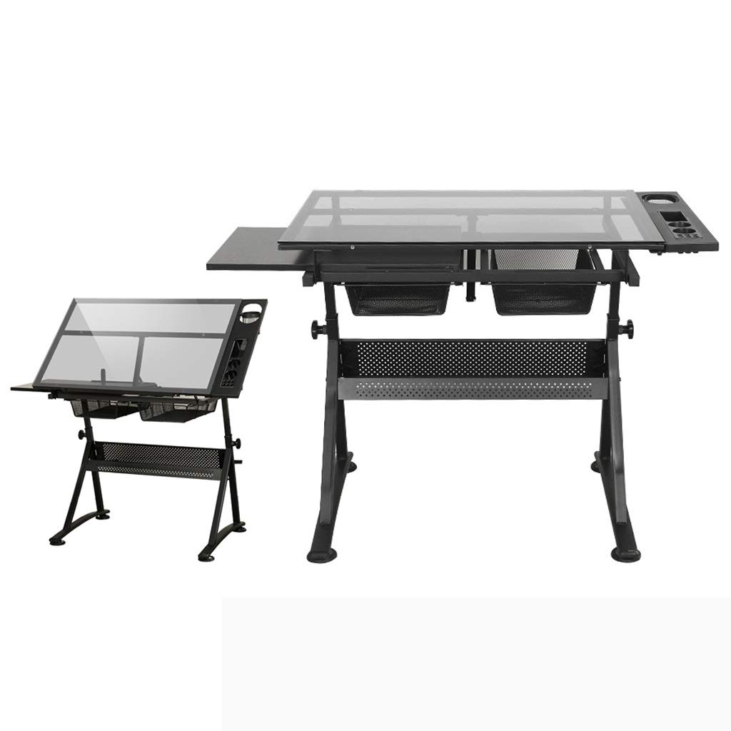VejiA Drafting Table with Storage, Height Adjustable Tiltable Art Desk, Glass Panel Drawing Desk, for Work Study Painting Craft Table