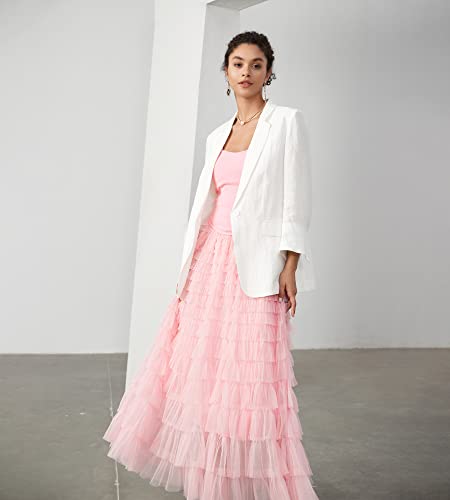 Women's Tulle Maxi Dress Spaghetti Strap Layered Fluffy Ruflfle Prom Birthday Party Long Dress