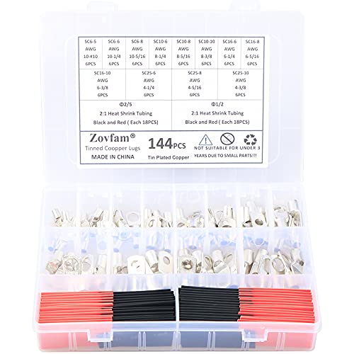 Wire Lugs Battery Cable Lugs AWG 10 8 6 4 Marine Grade Tinned Copper Wire Lugs Battery Cable Ends Eyelets SC Ring Terminal Connectors Assortment Kit with Heat Shrink Set-144Pcs