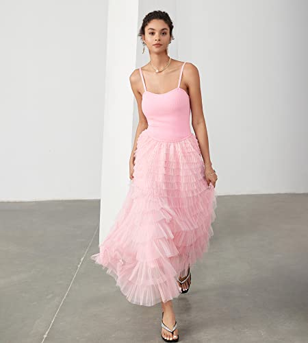 Women's Tulle Maxi Dress Spaghetti Strap Layered Fluffy Ruflfle Prom Birthday Party Long Dress