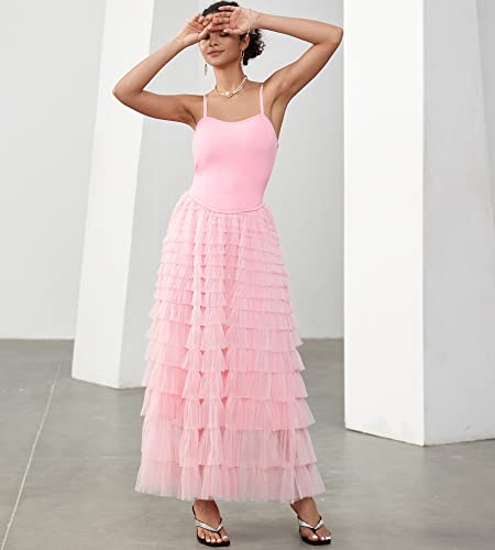 Women's Tulle Maxi Dress Spaghetti Strap Layered Fluffy Ruflfle Prom Birthday Party Long Dress
