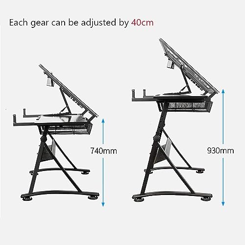 XiVue Drafting Table with Storage, Height Adjustable Tiltable Art Desk, Glass Panel Drawing Desk, for Work Study Painting Craft Table