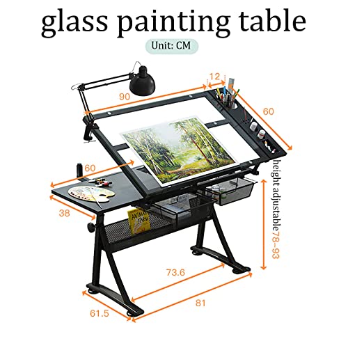 EESHHA Drawing Table Glass Drafting Table Art Desk, Height Adjustable Drawing Desk Art/Craft Desk Paintings Work Station W/ 2 Storage Drawers and Stool for Craft Station Studio Home Office School