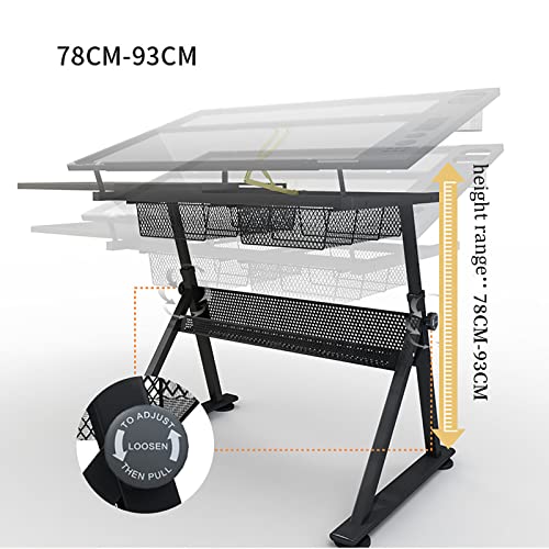 EESHHA Drawing Table Glass Drafting Table Art Desk, Height Adjustable Drawing Desk Art/Craft Desk Paintings Work Station W/ 2 Storage Drawers and Stool for Craft Station Studio Home Office School