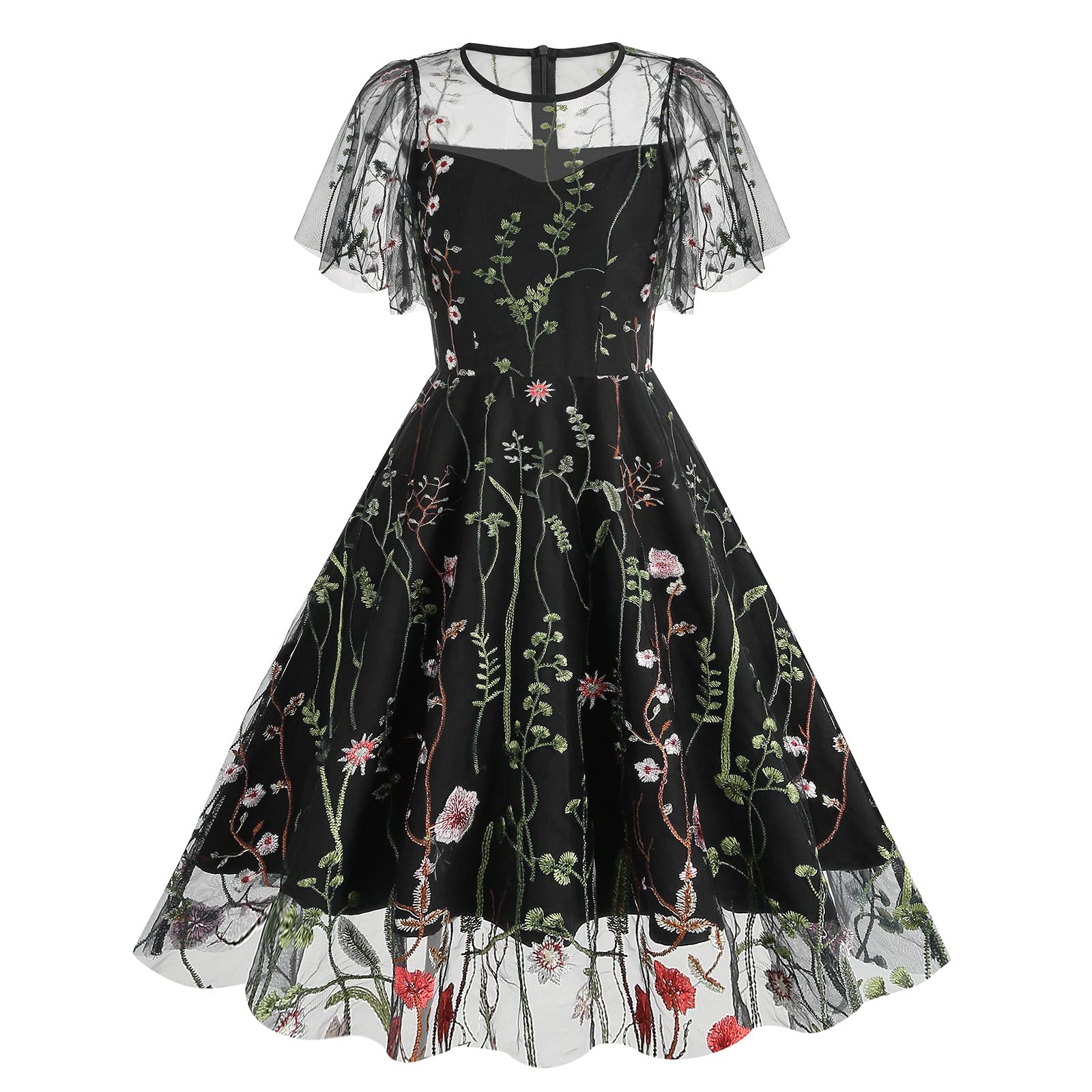 Mesh Floral Embroidery Dress for Women Flutter Sleeve Embroidered Dress Illusion Sweetheart Formal Tulle Evening Dress 50's Vintage Cocktail Party Dress Mesh Sleeve Prom Dress Black-Ruffle Sleeve XXL