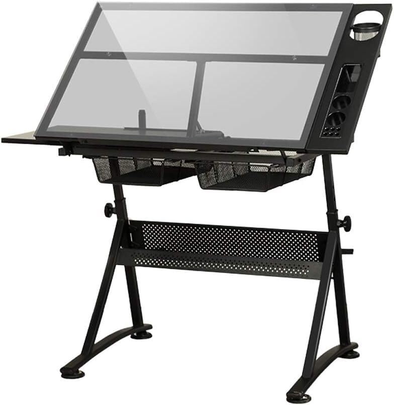 XiVue Drafting Table with Storage, Height Adjustable Tiltable Art Desk, Glass Panel Drawing Desk, for Work Study Painting Craft Table