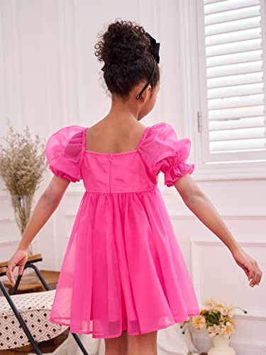 Verdusa Girl's Puff Short Sleeve Square Neck Mesh Short A Line Swing Dress Hot Pink 10Y