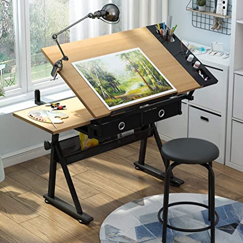 ROLTIN Drafting Tables Drawing Desk with Stool Height Adjustable Multifunctional Art Craft Artist Desk Tilt Glass Top Board Drawing Desk for Work Study Painting Craft Des