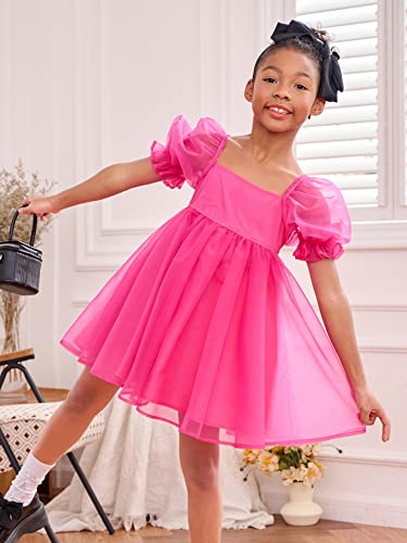 Verdusa Girl's Puff Short Sleeve Square Neck Mesh Short A Line Swing Dress Hot Pink 10Y