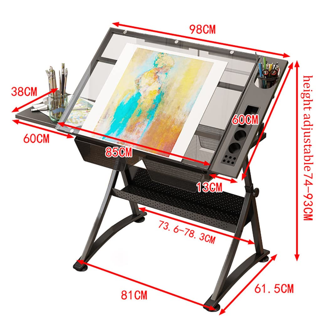 EESHHA Drawing Table Glass Drafting Table Desk, Height Adjustable Drafting Table, 0-50°Tilting Drawing Desk, Artist Desk Study Table with 2 Slide Drawers for Reading, Writing Art Craft Work Station