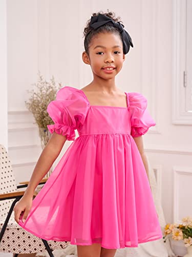 Verdusa Girl's Puff Short Sleeve Square Neck Mesh Short A Line Swing Dress Hot Pink 10Y