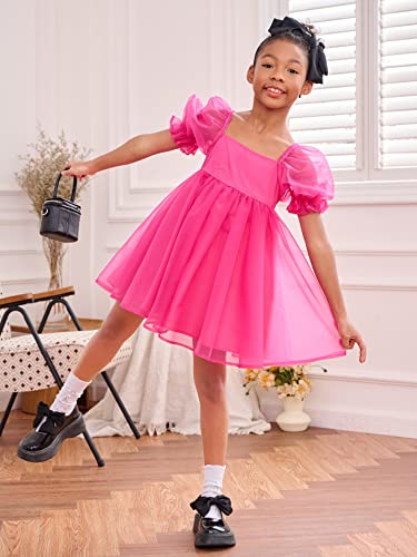 Verdusa Girl's Puff Short Sleeve Square Neck Mesh Short A Line Swing Dress Hot Pink 10Y