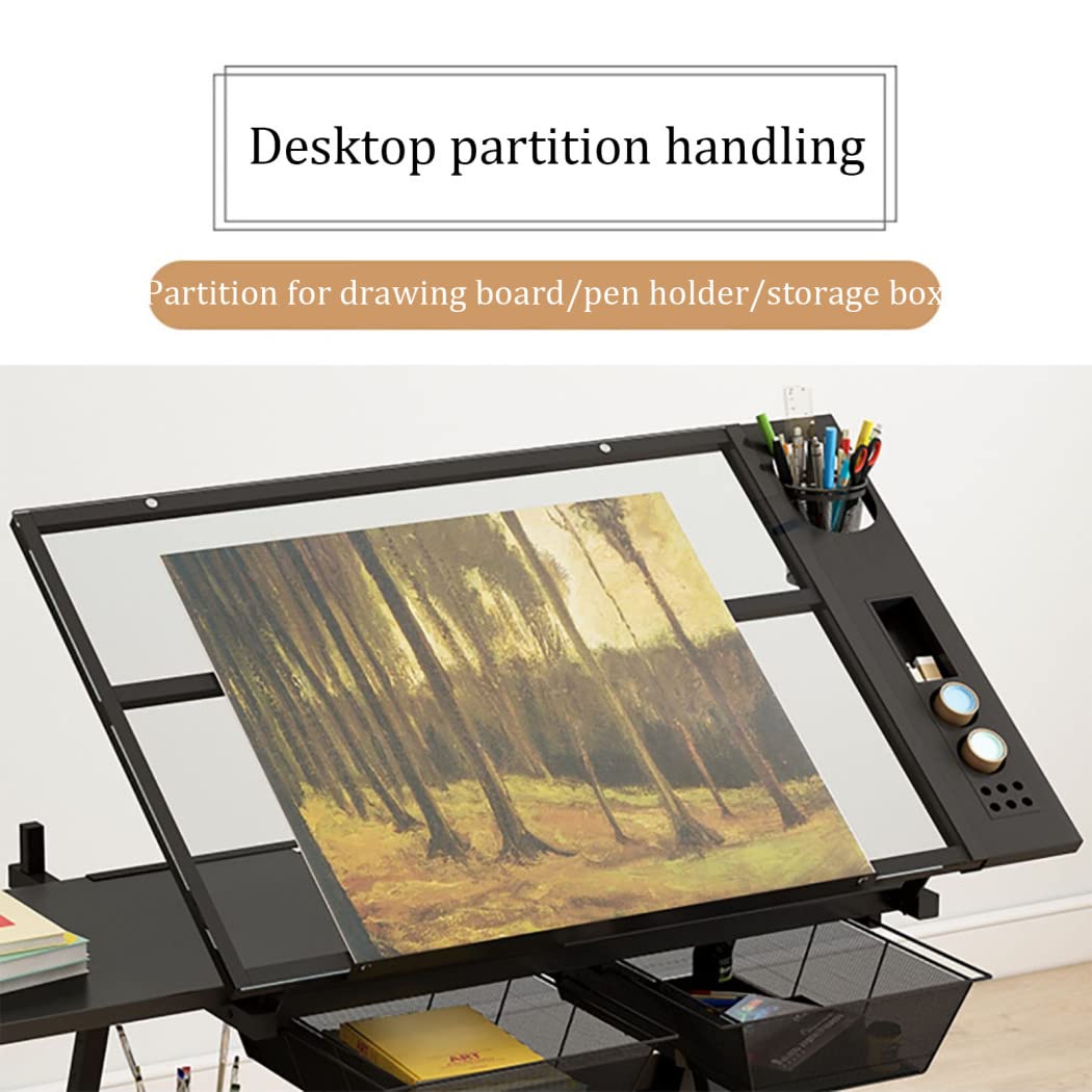 EESHHA Drawing Table Glass Drafting Table Desk, Height Adjustable Drafting Table, 0-50°Tilting Drawing Desk, Artist Desk Study Table with 2 Slide Drawers for Reading, Writing Art Craft Work Station