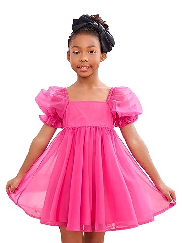 Verdusa Girl's Puff Short Sleeve Square Neck Mesh Short A Line Swing Dress Hot Pink 10Y