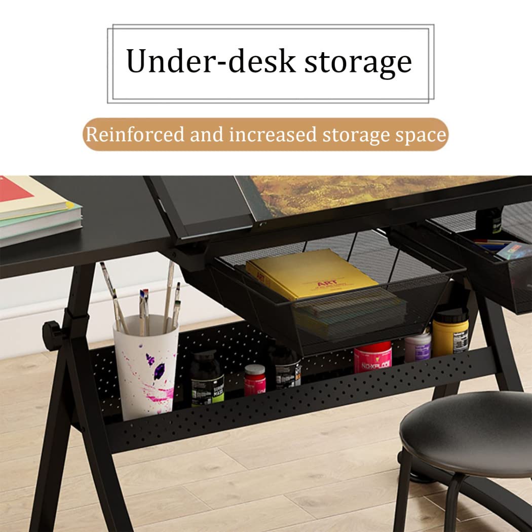 EESHHA Drawing Table Glass Drafting Table Desk, Height Adjustable Drafting Table, 0-50°Tilting Drawing Desk, Artist Desk Study Table with 2 Slide Drawers for Reading, Writing Art Craft Work Station