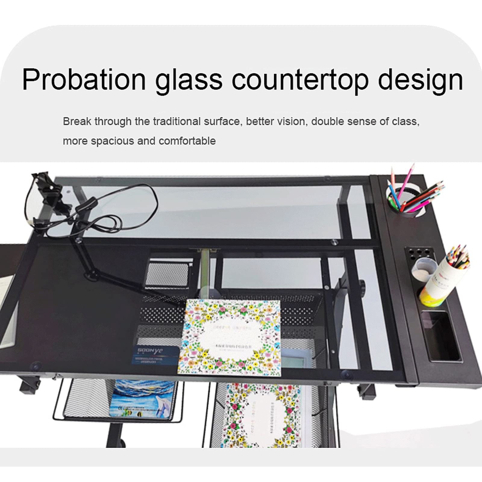 EESHHA Drawing Table Adjustable Glass Drafting Table,Versatile Art Study Table,with Storage Drawers,Art Studio Design Sketching Painting Work Station (Color : Glass) (Glass) (Glass)