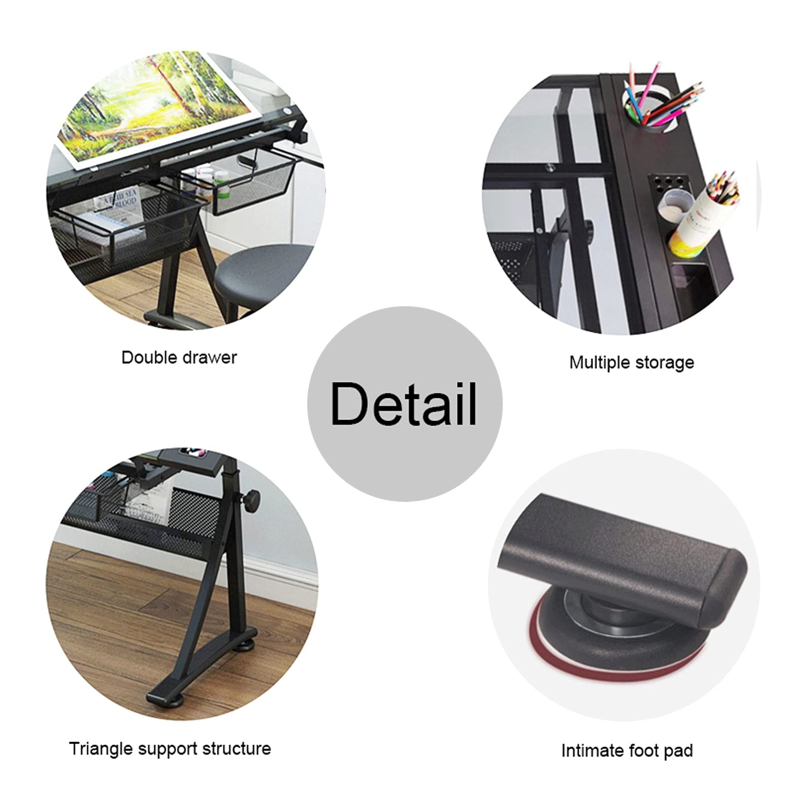 EESHHA Drawing Table Adjustable Glass Drafting Table,Versatile Art Study Table,with Storage Drawers,Art Studio Design Sketching Painting Work Station (Color : Glass) (Glass) (Glass)