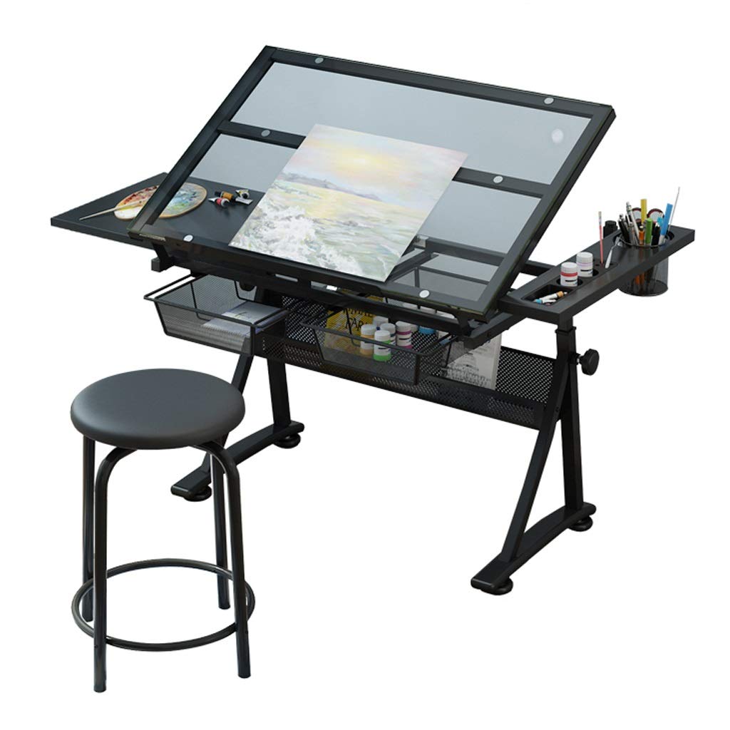 EESHHA Drawing Table Tiltable Drawing Table, Adjustable Art Desk, with Storage Craft Table, Drafting Table Glass Panel,Adult Drawing Desk