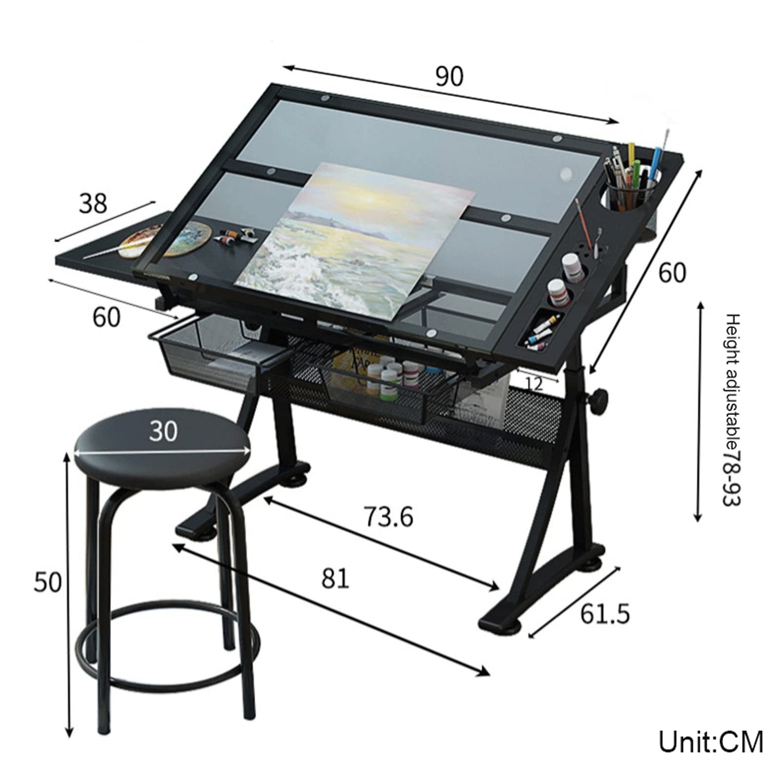 EESHHA Drawing Table Adjustable Glass Drafting Table,Versatile Art Study Table,with Storage Drawers,Art Studio Design Sketching Painting Work Station (Color : Glass) (Glass) (Glass)