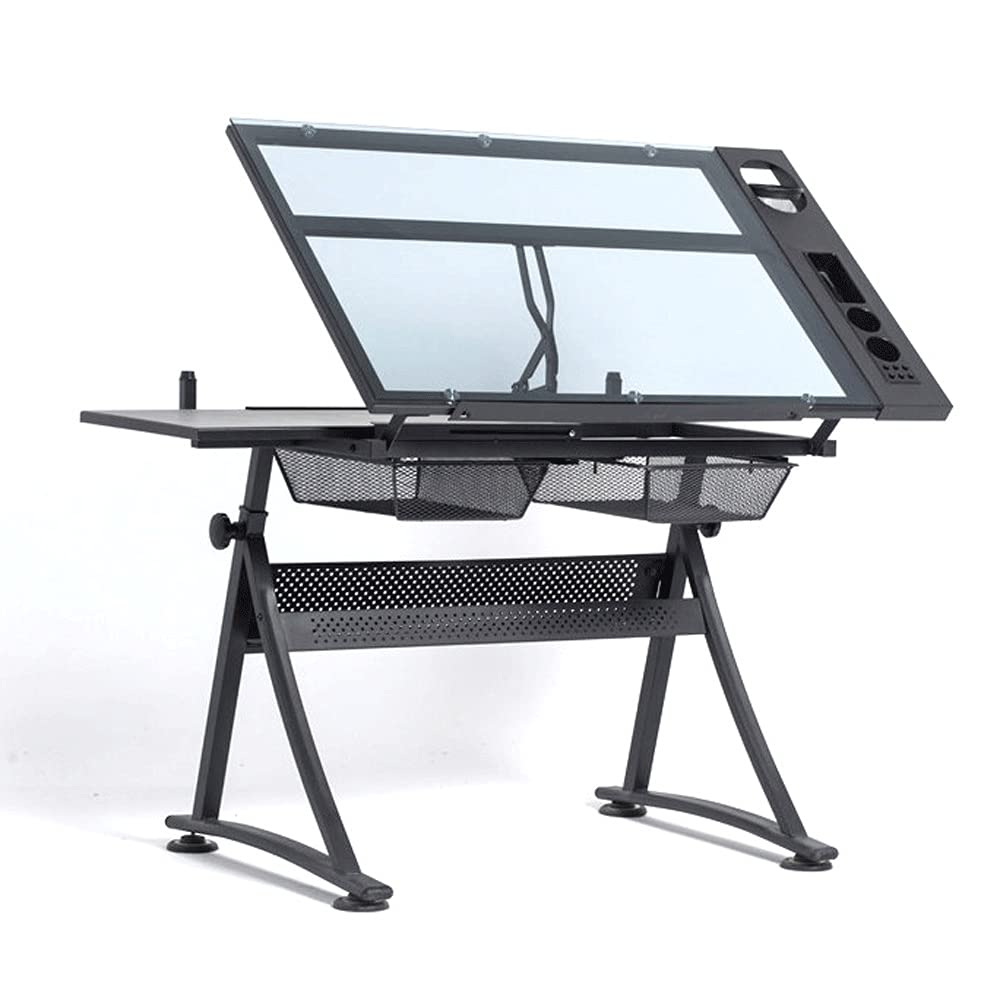 EESHHA Drawing Table Adjustable Glass Drafting Table,Versatile Art Study Table,with Storage Drawers,Art Studio Design Sketching Painting Work Station (Color : Glass) (Glass) (Glass)