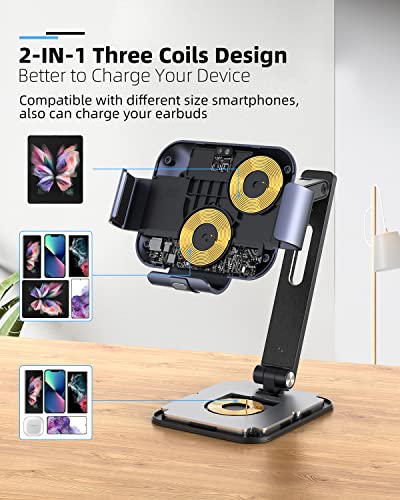 ANPULES Wireless Charger Stand for Z Fold 4/3/2, Aluminium Alloy Charging Station [3 Coils] 2 in 1 Charger Station for Samsung Galaxy Buds 2 Pro/Pro / 2 / Live and Z Fold Series（Include 20W Adapter）