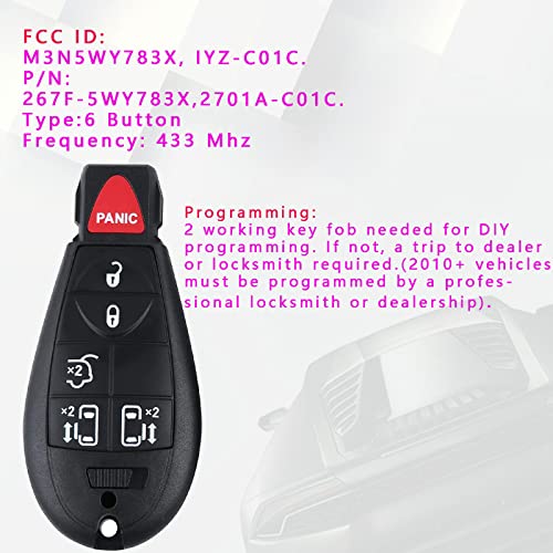 6 Buttons Keyless Entry Remote Control Car Key Fob for Chrysler Town and Country 2008-2016 Dodge Grand Caravan 2008-2020(M3N5WY783X) Pack of 2