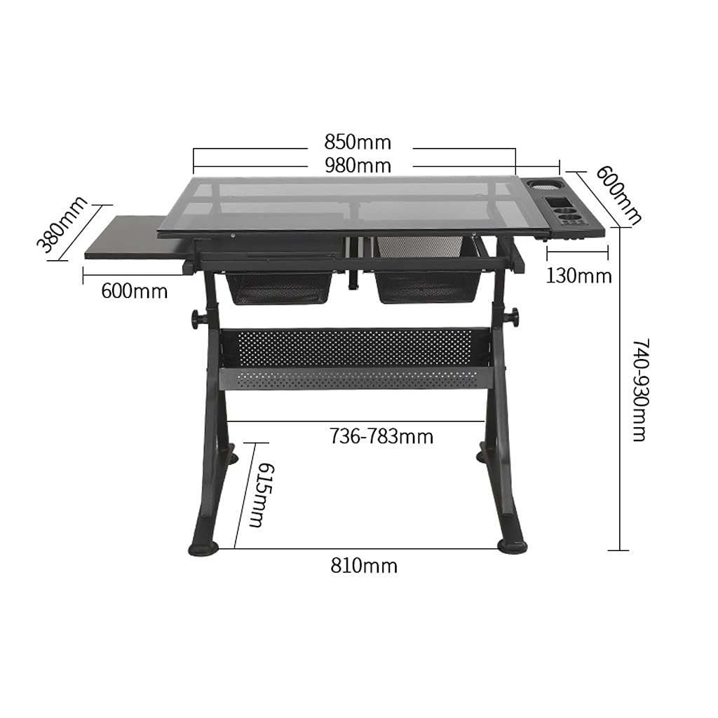 EESHHA Drawing Table Adjustable Glass Drafting Table,Versatile Art Study Table,with Storage Drawers,Art Studio Design Sketching Painting Work Station