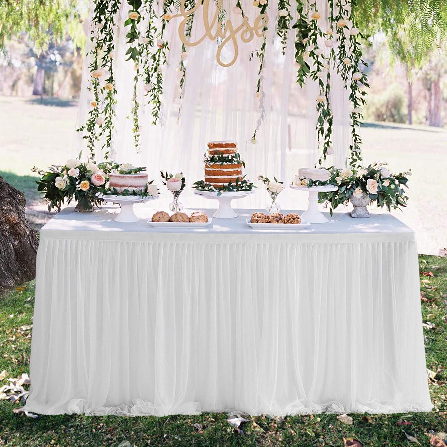 Suppromo White Tulle Table Skirts for Rectangle Tables 14ft Ruffle Tutu Table Cloth Skirt Decoration for Wedding Bridal Baby Shower Birthday Party Cake Dessert Table Decor