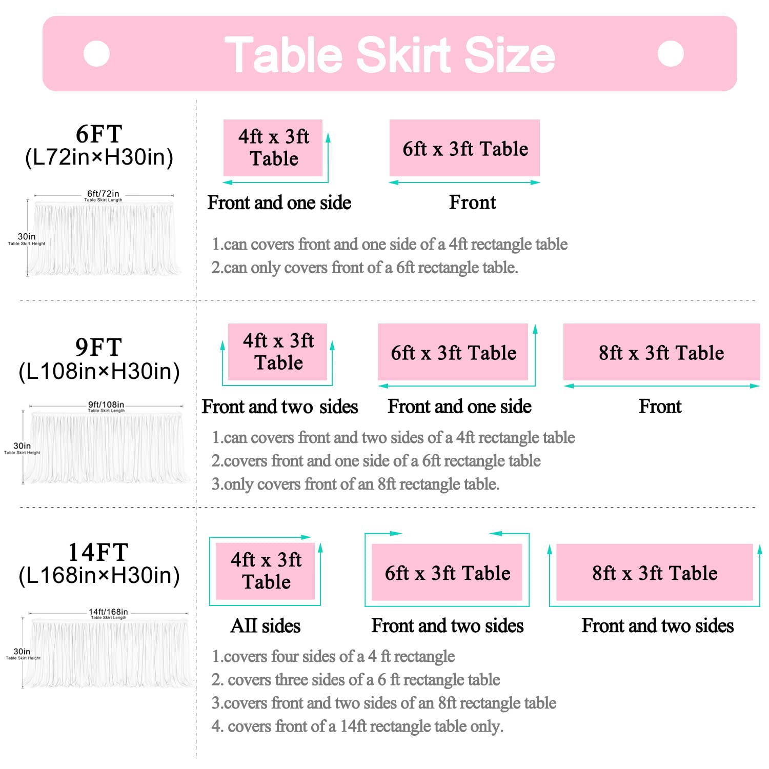 Suppromo White Tulle Table Skirts for Rectangle Tables 14ft Ruffle Tutu Table Cloth Skirt Decoration for Wedding Bridal Baby Shower Birthday Party Cake Dessert Table Decor
