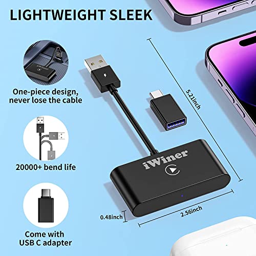 Wireless Carplay Adapter, iWiner 2023 Upgrade CarPlay Wireless Adapter Dongle for iPhone(i-OS 10+) Auto to Wireless Connect to Factory Wired CarPlay Cars from 2015 Plug & Play