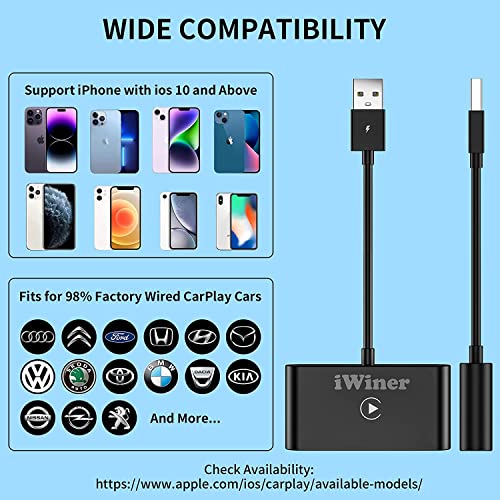 Wireless Carplay Adapter, iWiner 2023 Upgrade CarPlay Wireless Adapter Dongle for iPhone(i-OS 10+) Auto to Wireless Connect to Factory Wired CarPlay Cars from 2015 Plug & Play