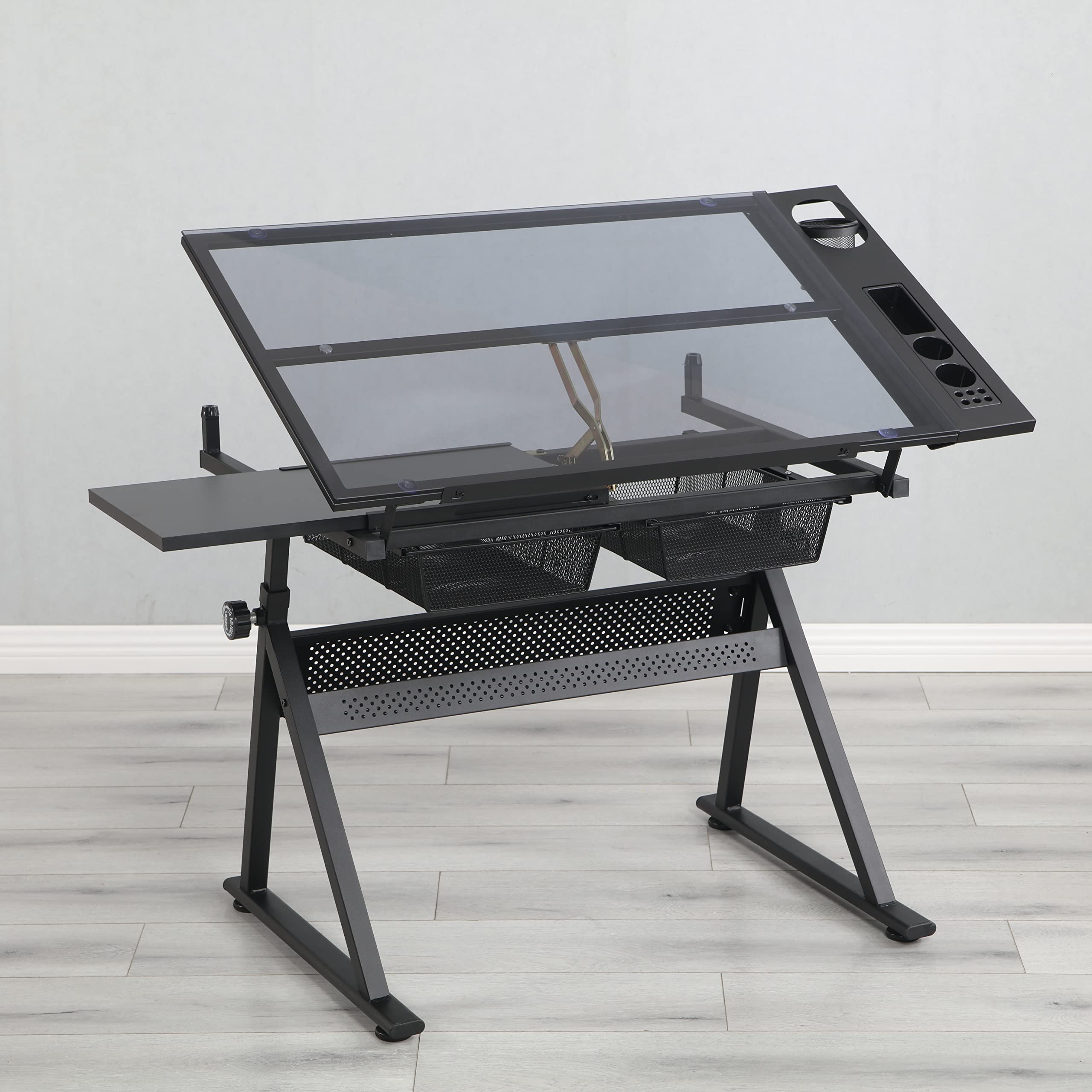Voohek Chair, Adjustable Extended Tabletop and Slide-Up Pencil Ledge, Painting Desk w/Nonwovens Drawers, Anti-Slip & Scratch, Easy to Clean, Black Drafting Table
