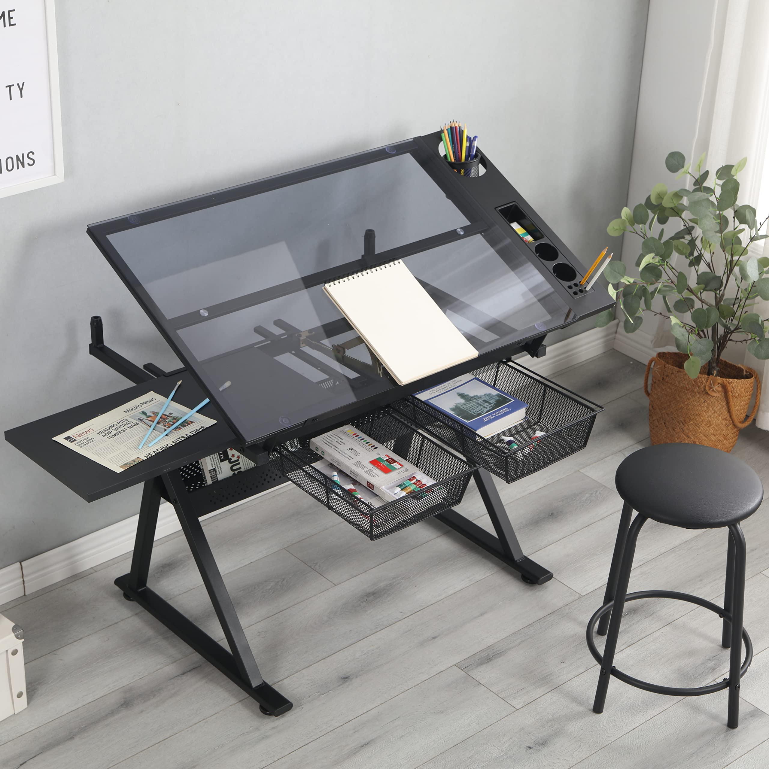 Voohek Chair, Adjustable Extended Tabletop and Slide-Up Pencil Ledge, Painting Desk w/Nonwovens Drawers, Anti-Slip & Scratch, Easy to Clean, Black Drafting Table