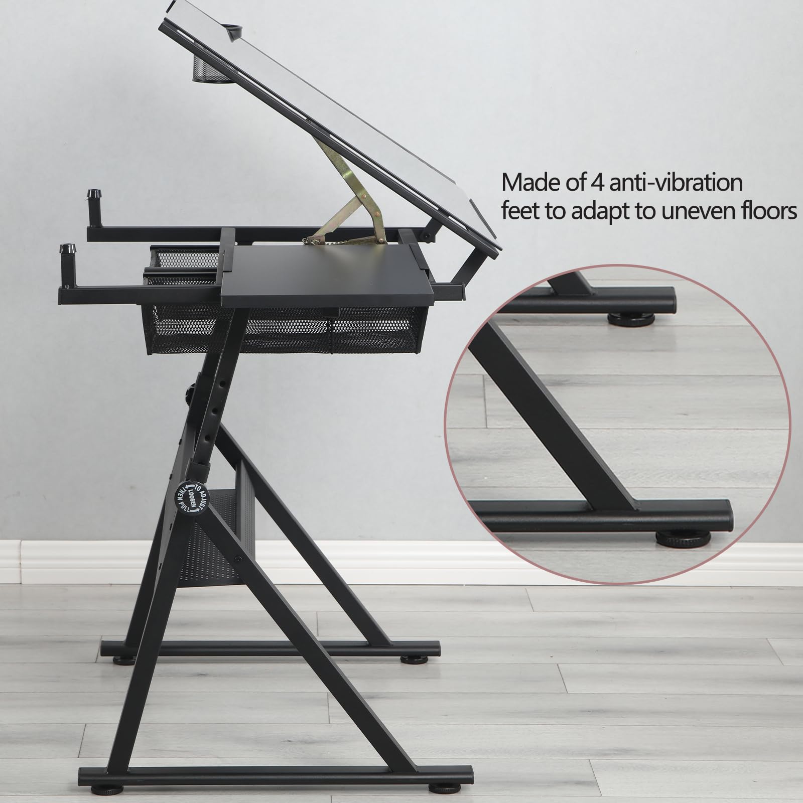 Gee Wuo Black Drawing Table, Modern Design Adjustable Tempered Glass Drawing and Printing Table with 2 Storage Drawers and Chair, Suitable for Office School, Artist